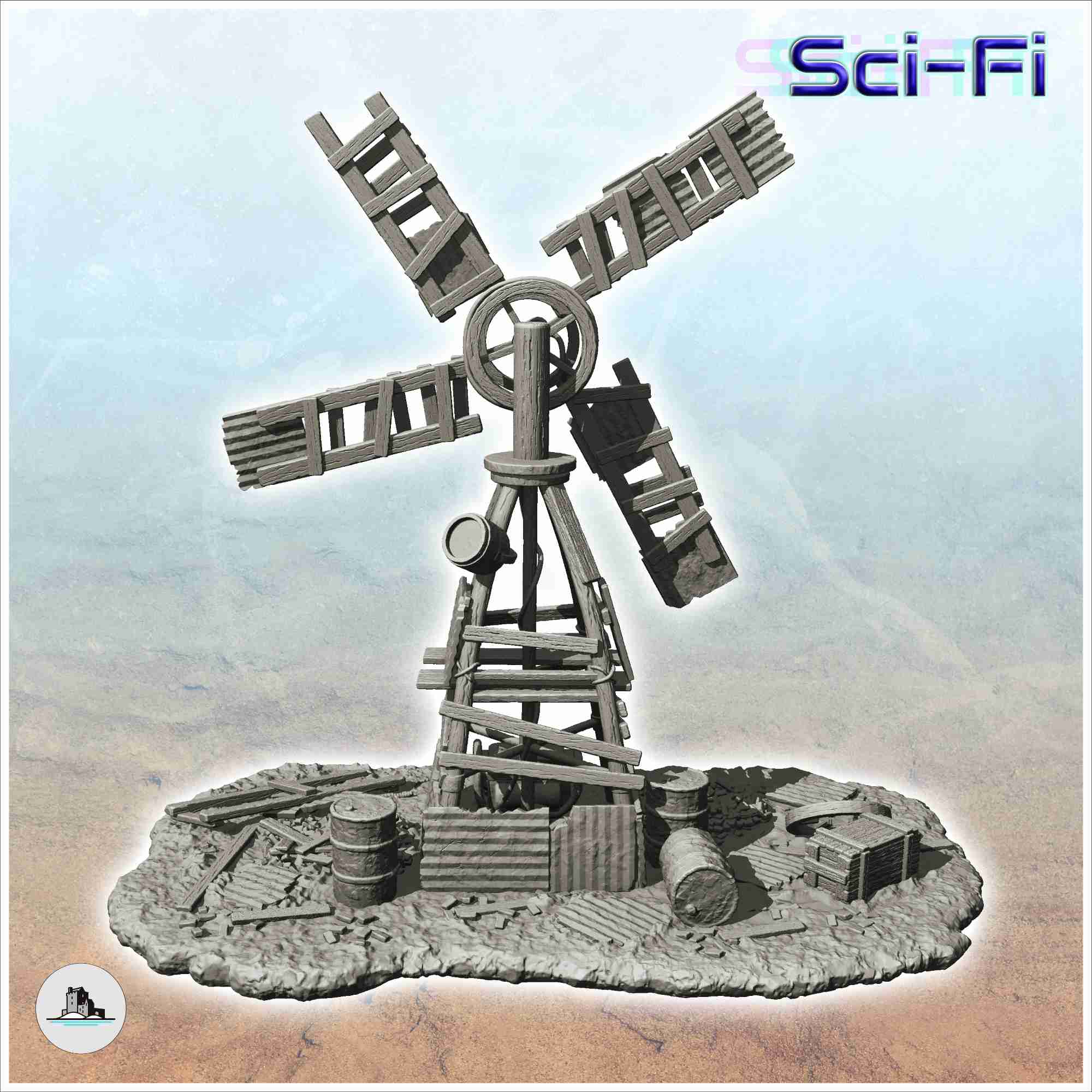 Post-apocalyptic wind turbine made of sheet metal and wood w | 3D ...