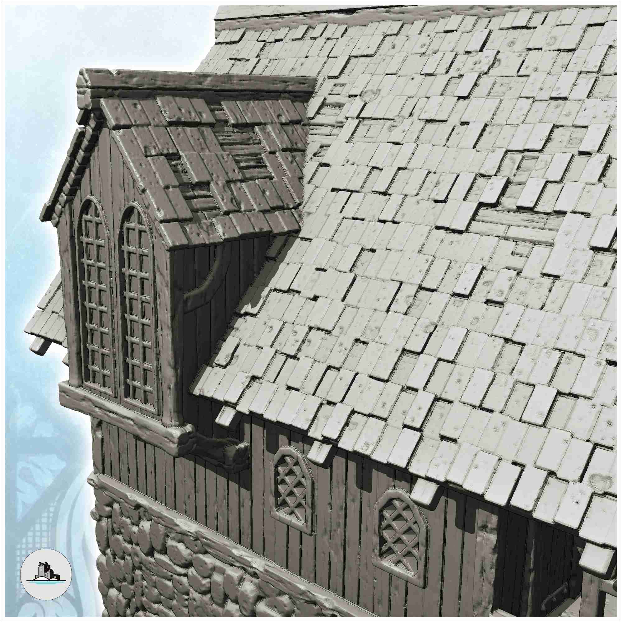 Medieval tavern with large entrance staircase and tiled roof | 3D ...