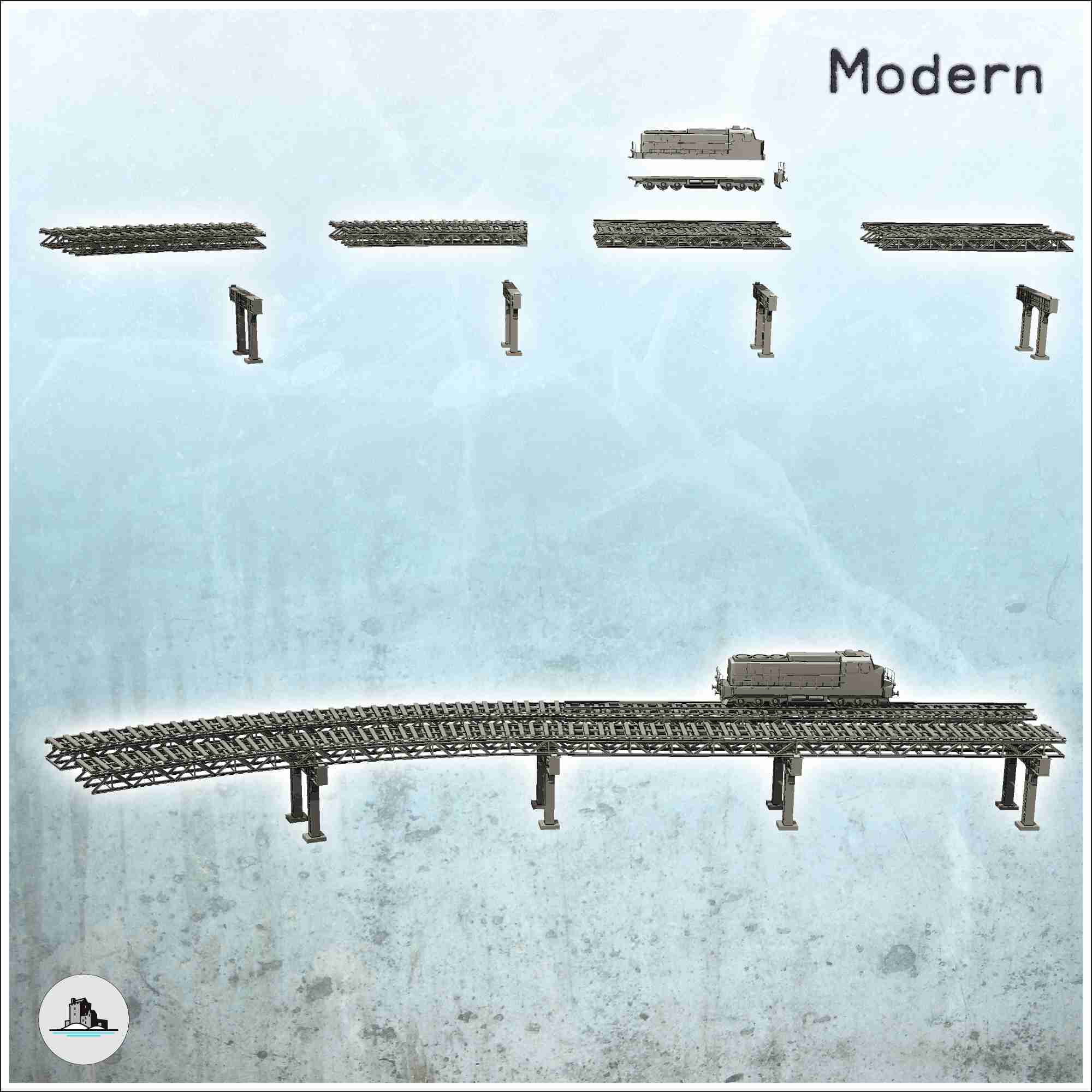 Set of elevated train tracks with modern diesel locomotive ( | 3D ...