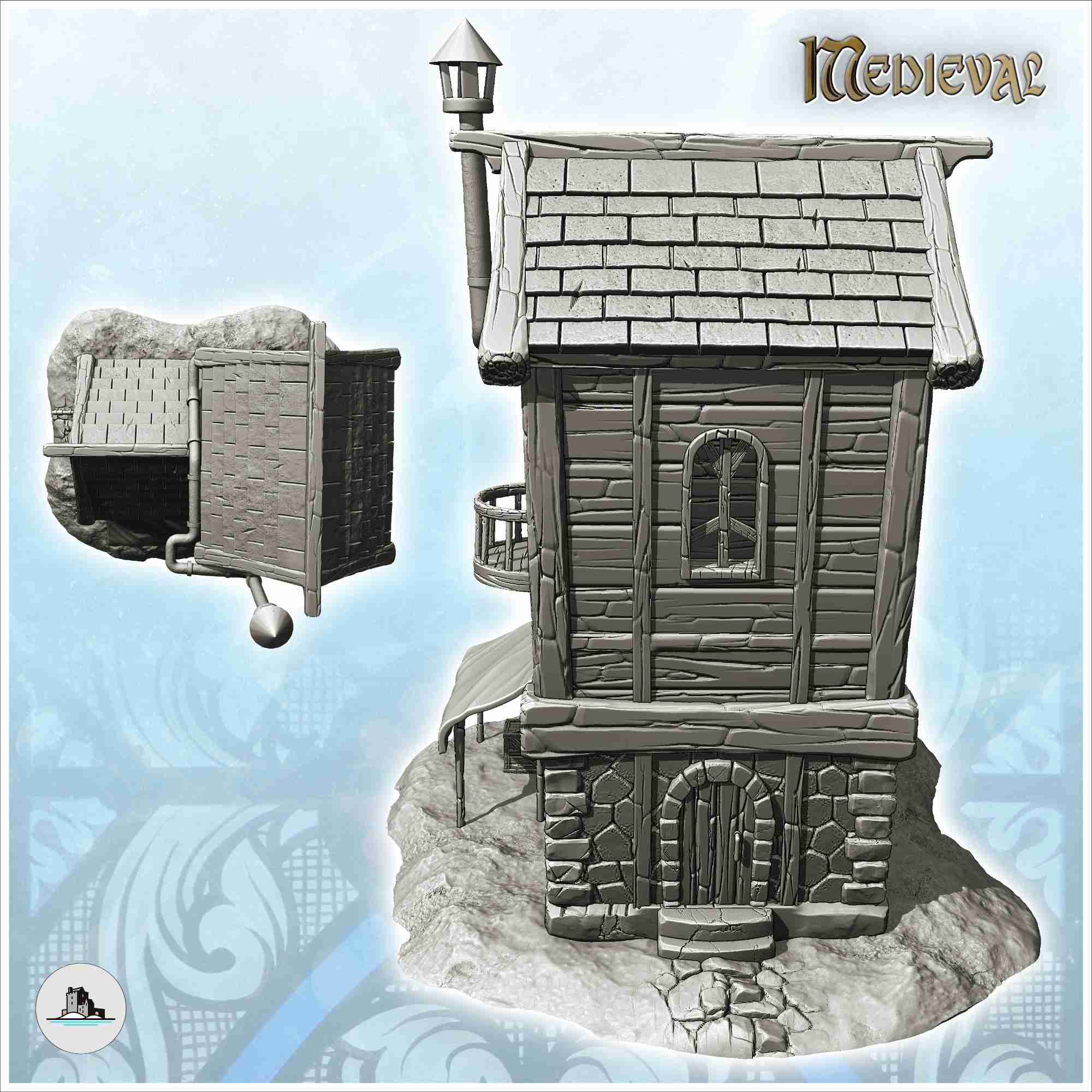 Medieval house with zinc drain pipes, canvas awning, entranc | 3D ...