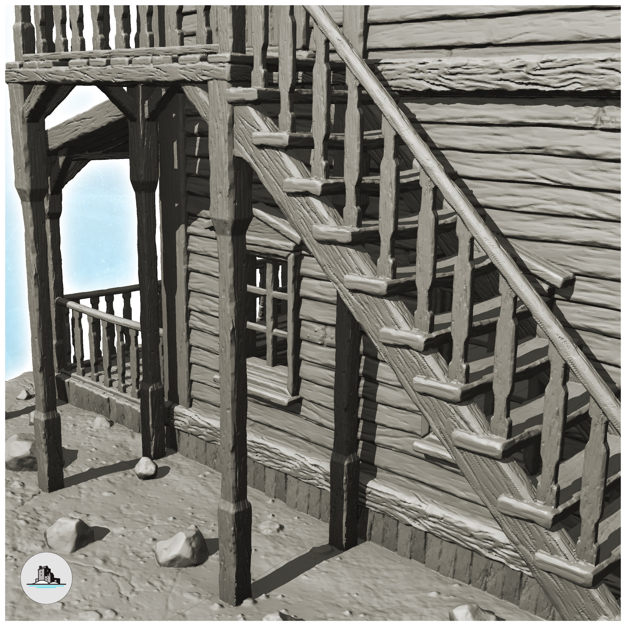 Western bank building in corner with balcony - Terrain | 3D models ...