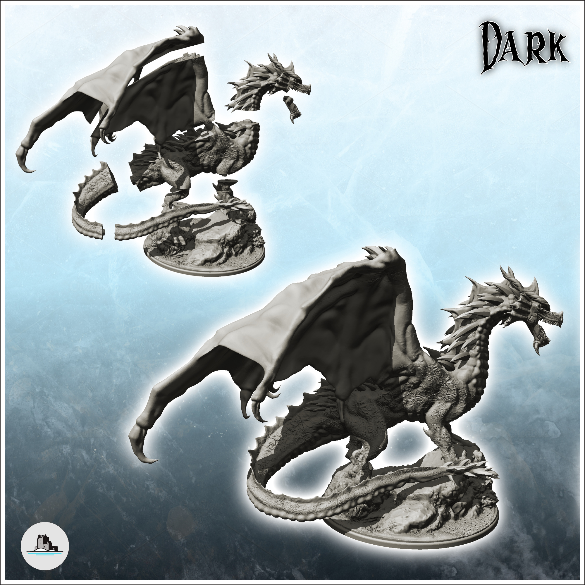 Dragon with open mouth and spiked tail on rock - figure mini | 3D ...