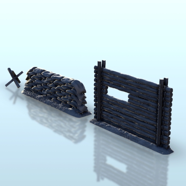 Set of barricades : hedgehod wooden sandbags - terrain WW2