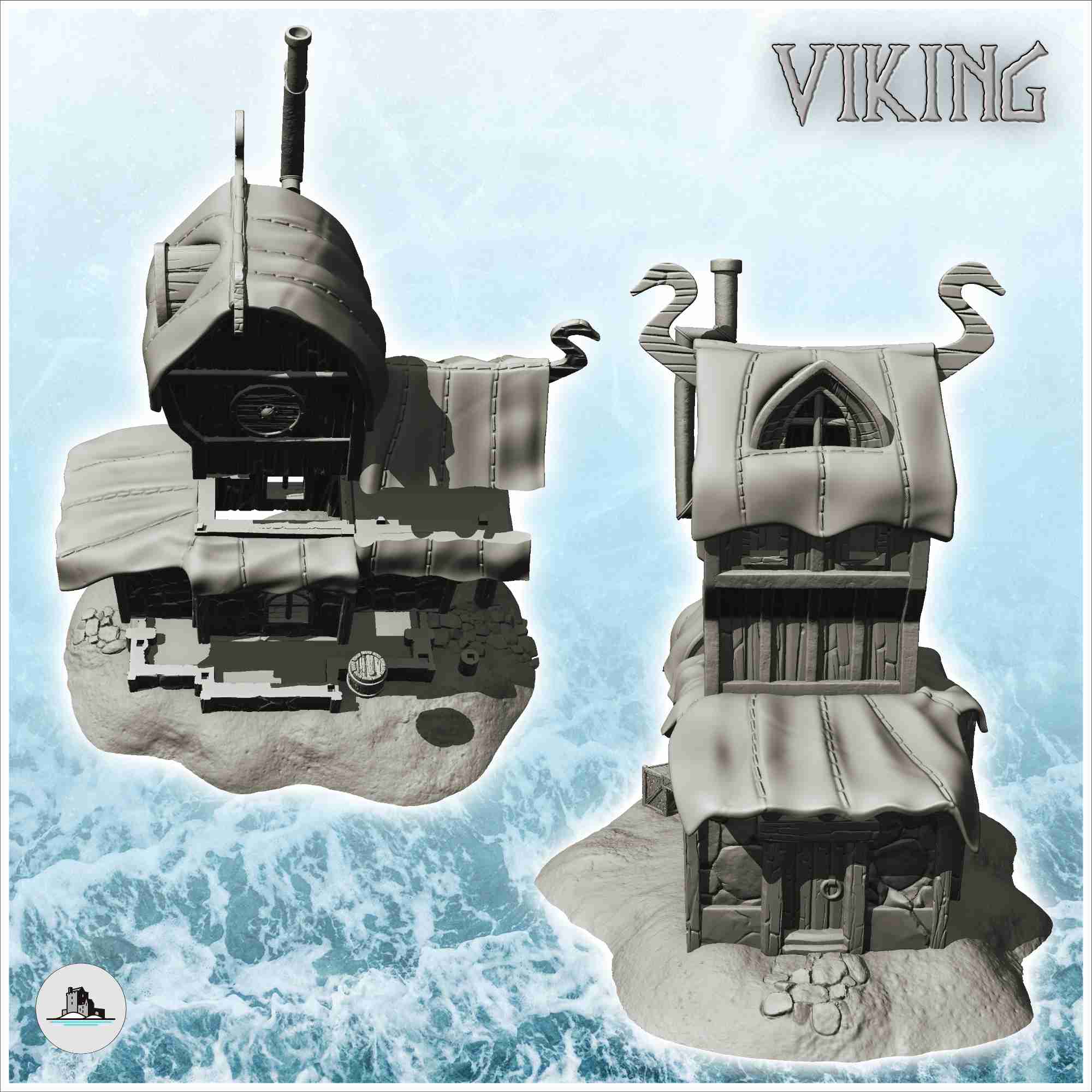 Viking building with wooden emblems and exterior pipes with | Download ...