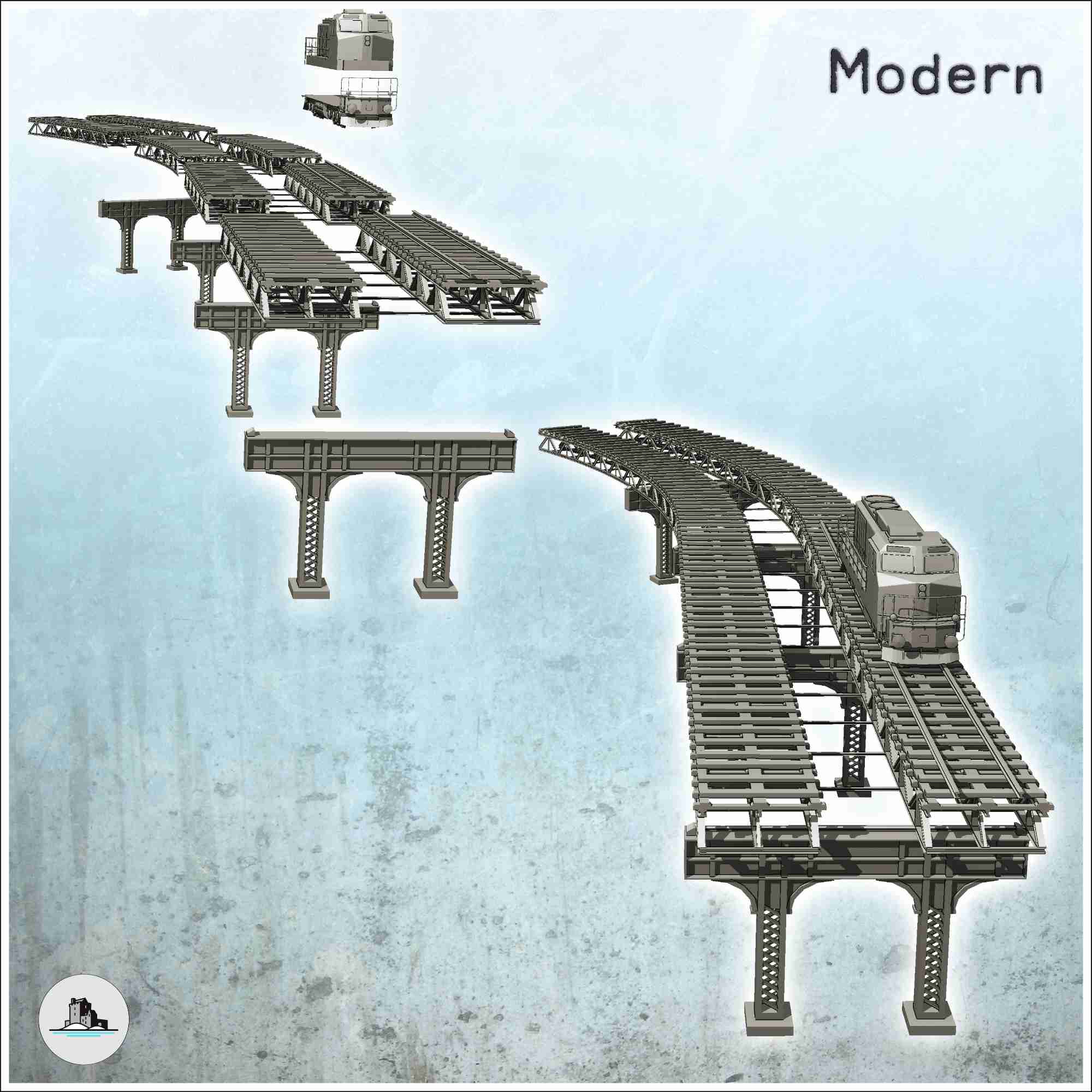 Set of elevated train tracks with modern diesel locomotive ( | 3D ...