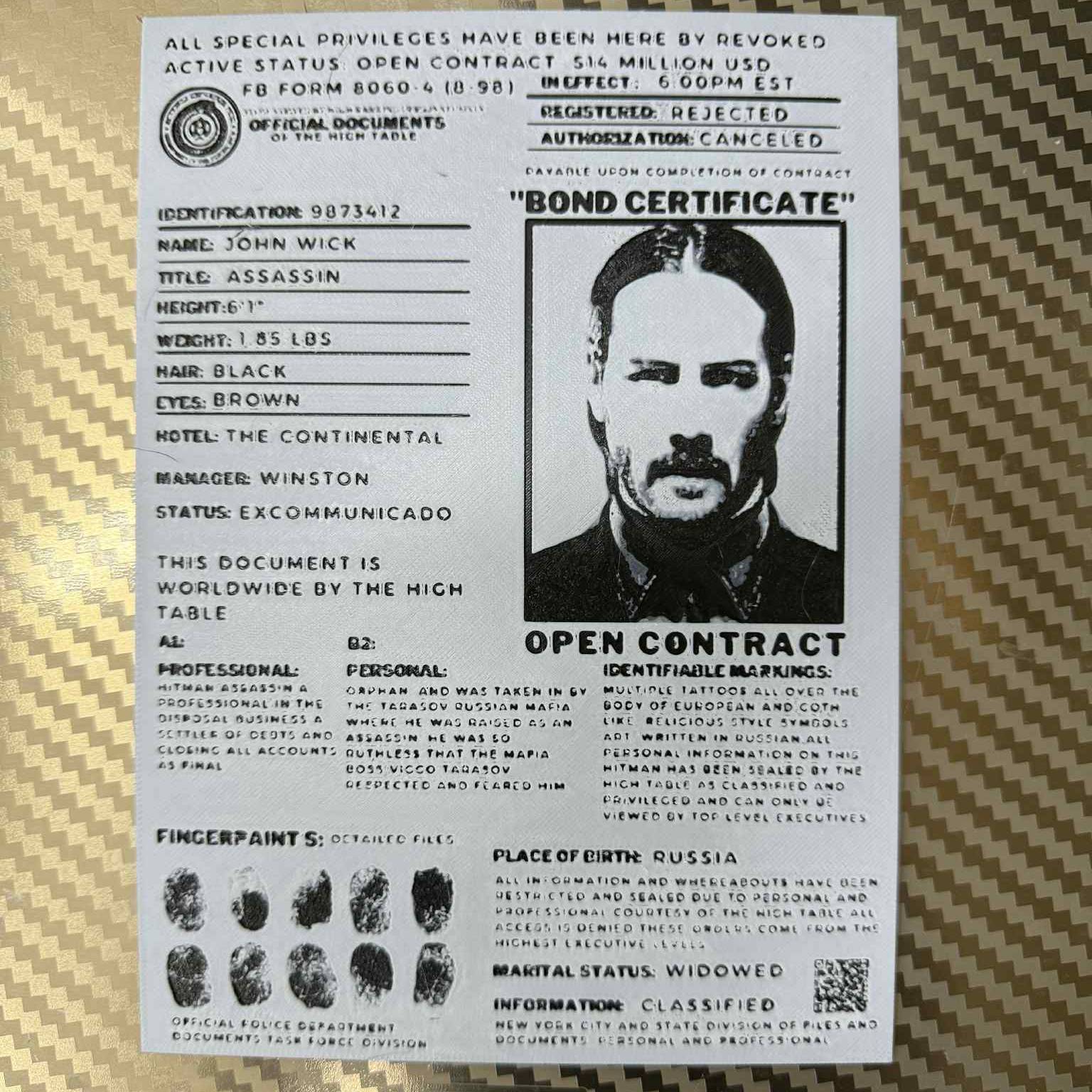 3D Printer Files | 3MF File | John Wick Open Contract Hueforge art ...