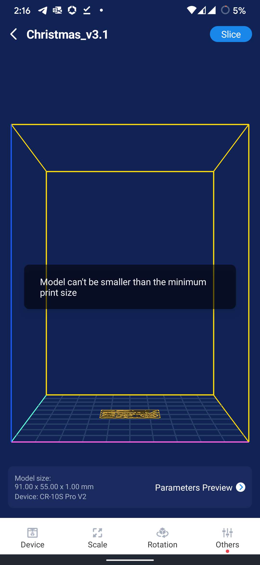 cloud slicing error "Model size cannot be smaller than minimum print size" any idea how to print ...